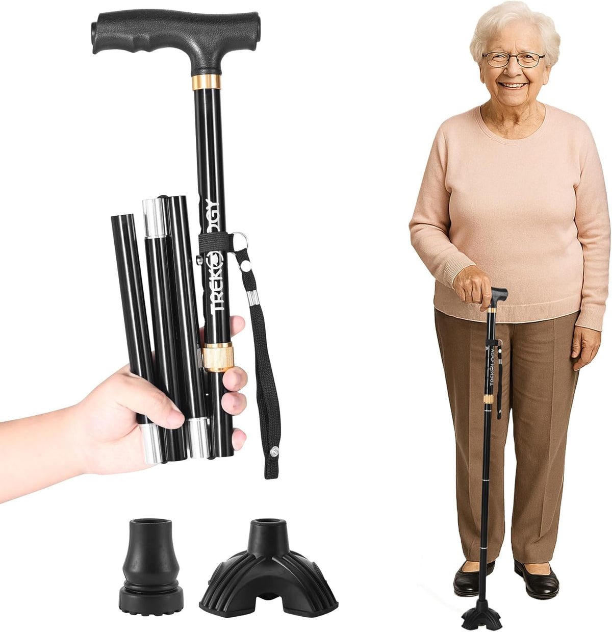 TREKOLOGY Self-Standing Foldable Walking Stick with Quad Base (UK)